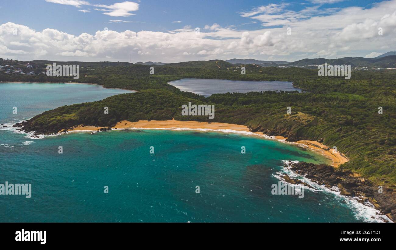 Arial view Play Colora and lagoon surrounded by jungle in tropical ...