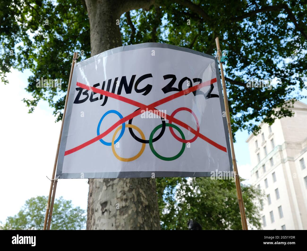 A protest banner calling for boycotting of the 2022 Beijing Winter ...