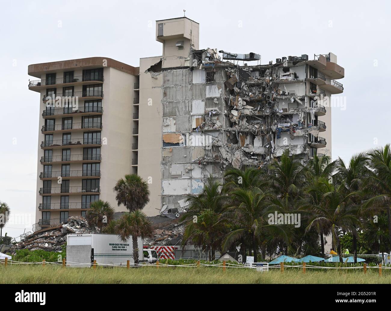 Surfside FL, USA. 24th June, 2021. A general view of the partial ...
