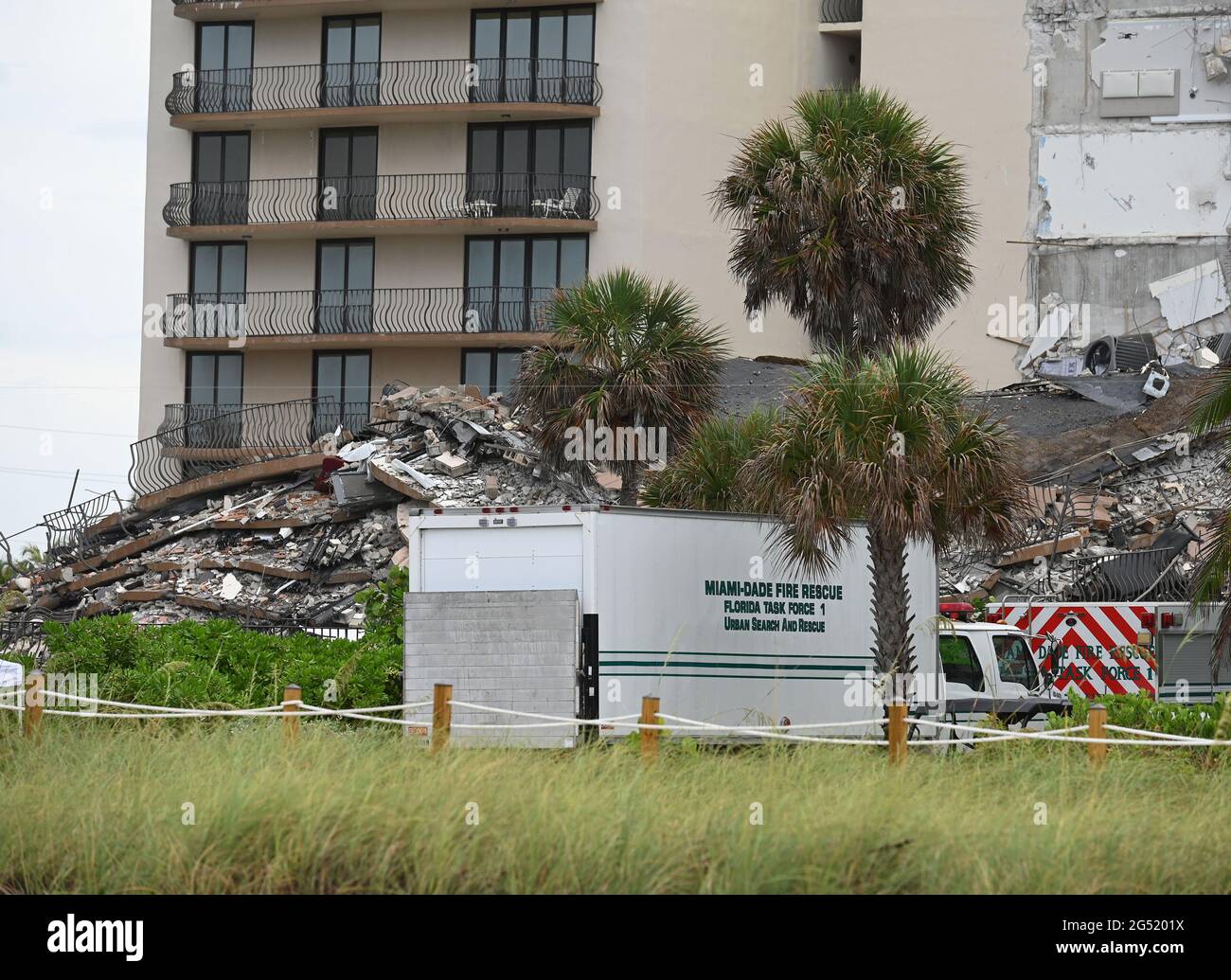 Surfside FL, USA. 24th June, 2021. A general view of the partial ...