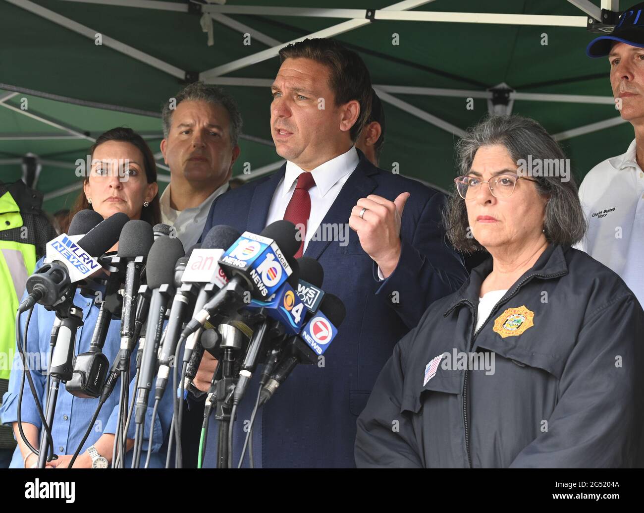 Surfside FL, USA. 24th June, 2021. Florida Governor Ron DeSantis speaks ...