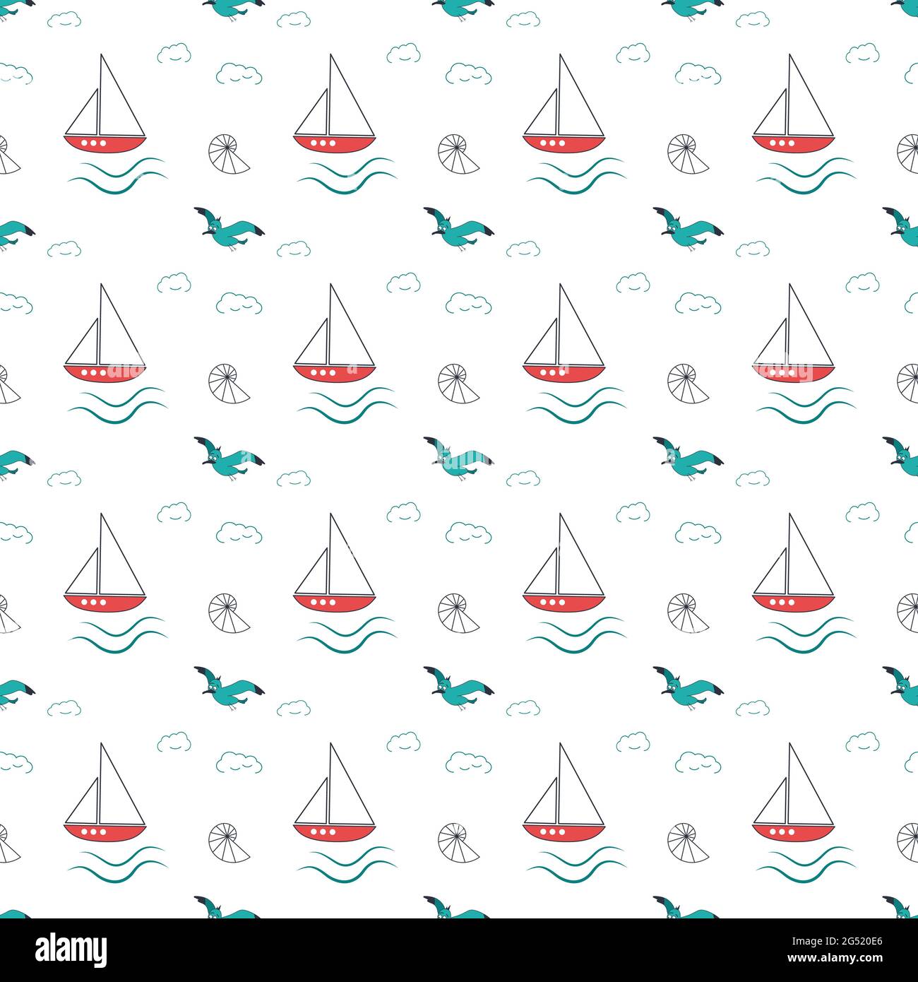 Summer marine pattern with ships, waves and seagulls on a white ...