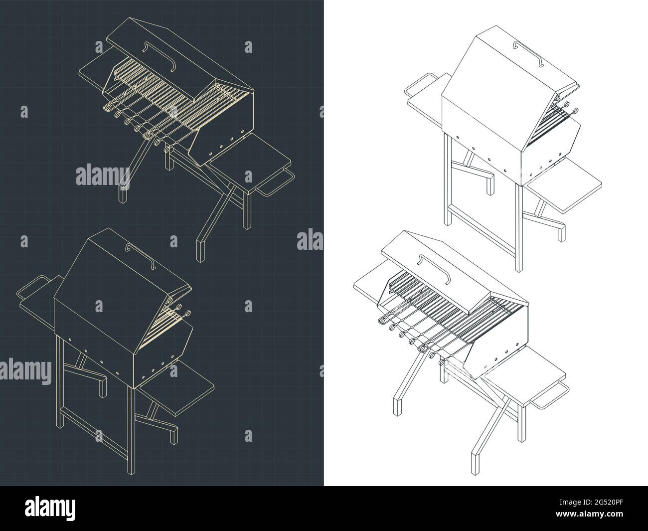 Stylized vector illustration of isometric drawings of grill and ...