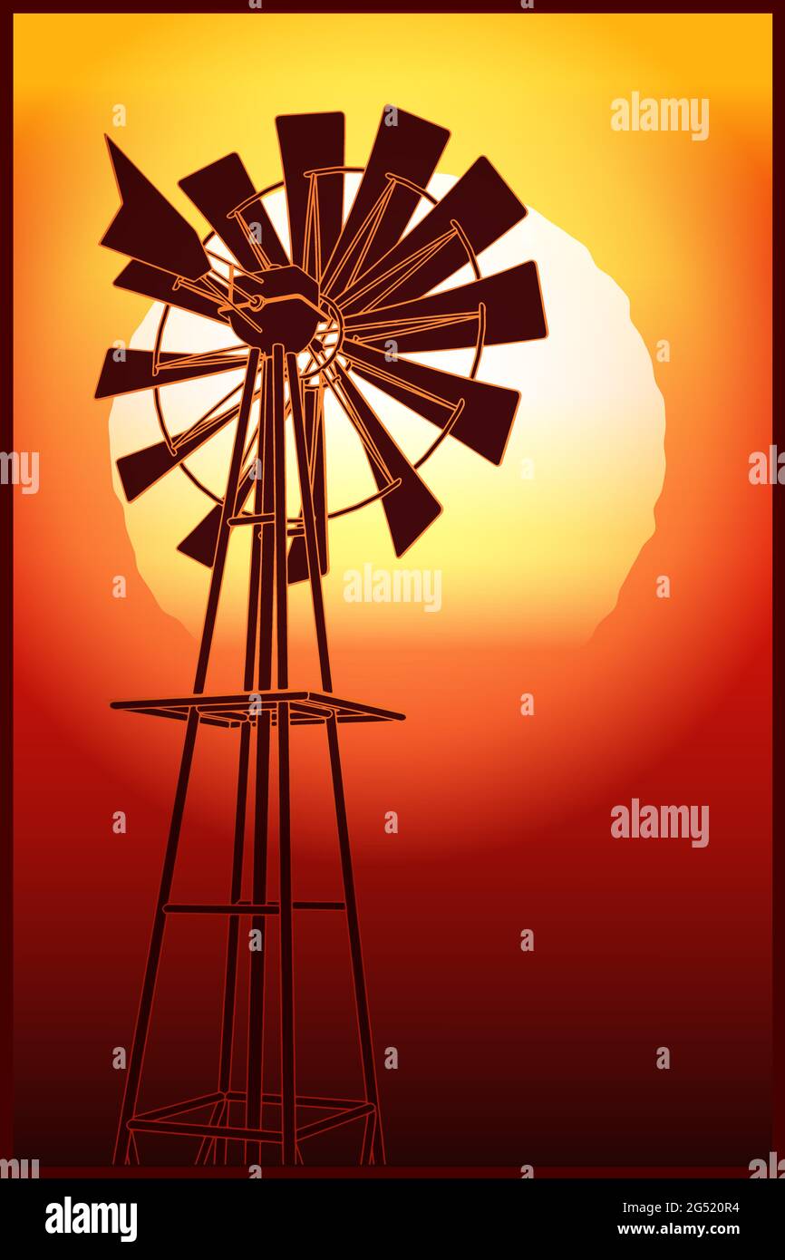 Stylized vector illustration of farm windmill at sunset Stock Vector ...
