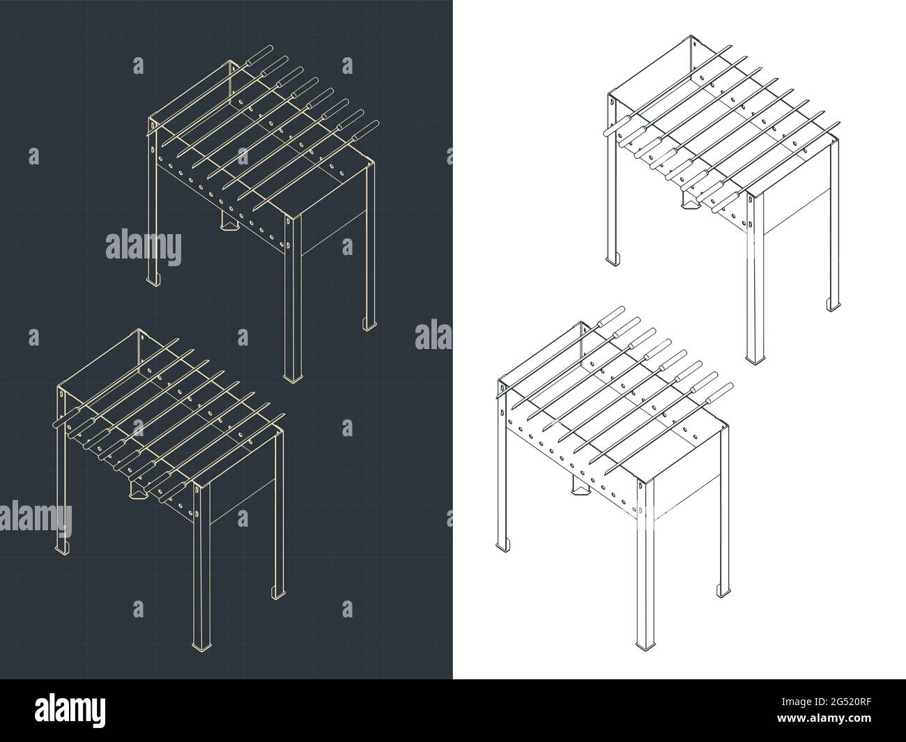 Stylized vector illustration of isometric drawings of grill and ...