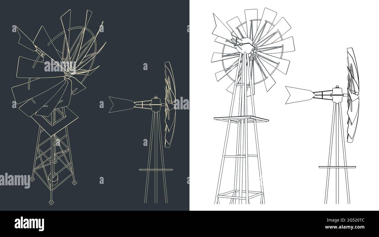 Stylized vector illustration of drawings of farm windmill Stock Vector ...