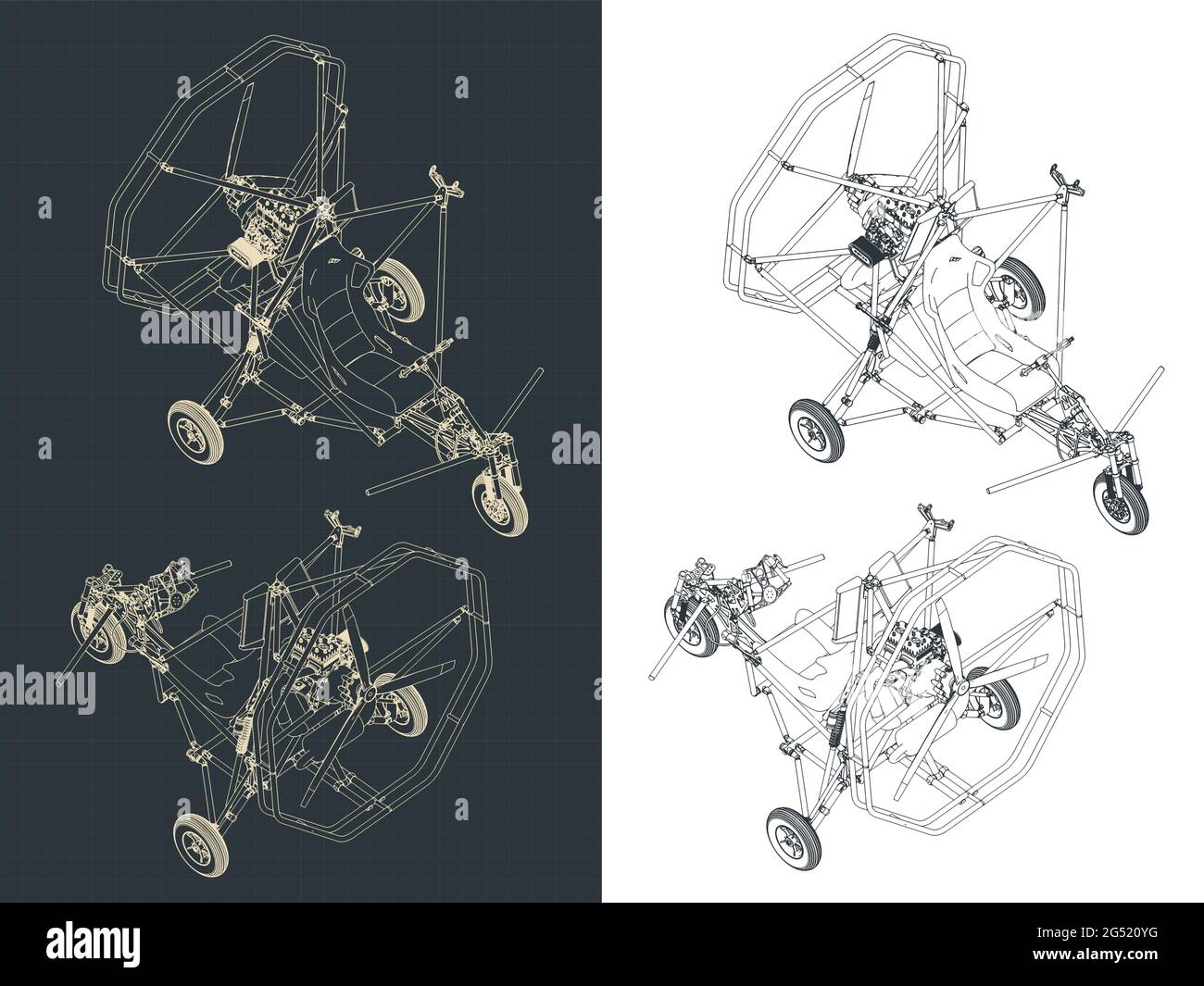 Stylized vector illustration of isometric blueprints of ultralight ...