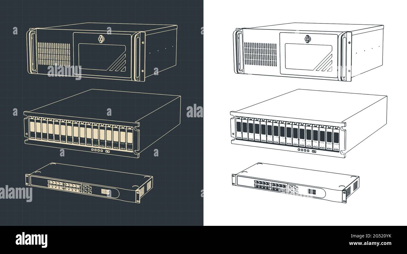 Stylized vector illustration of blueprints of units for server racks ...