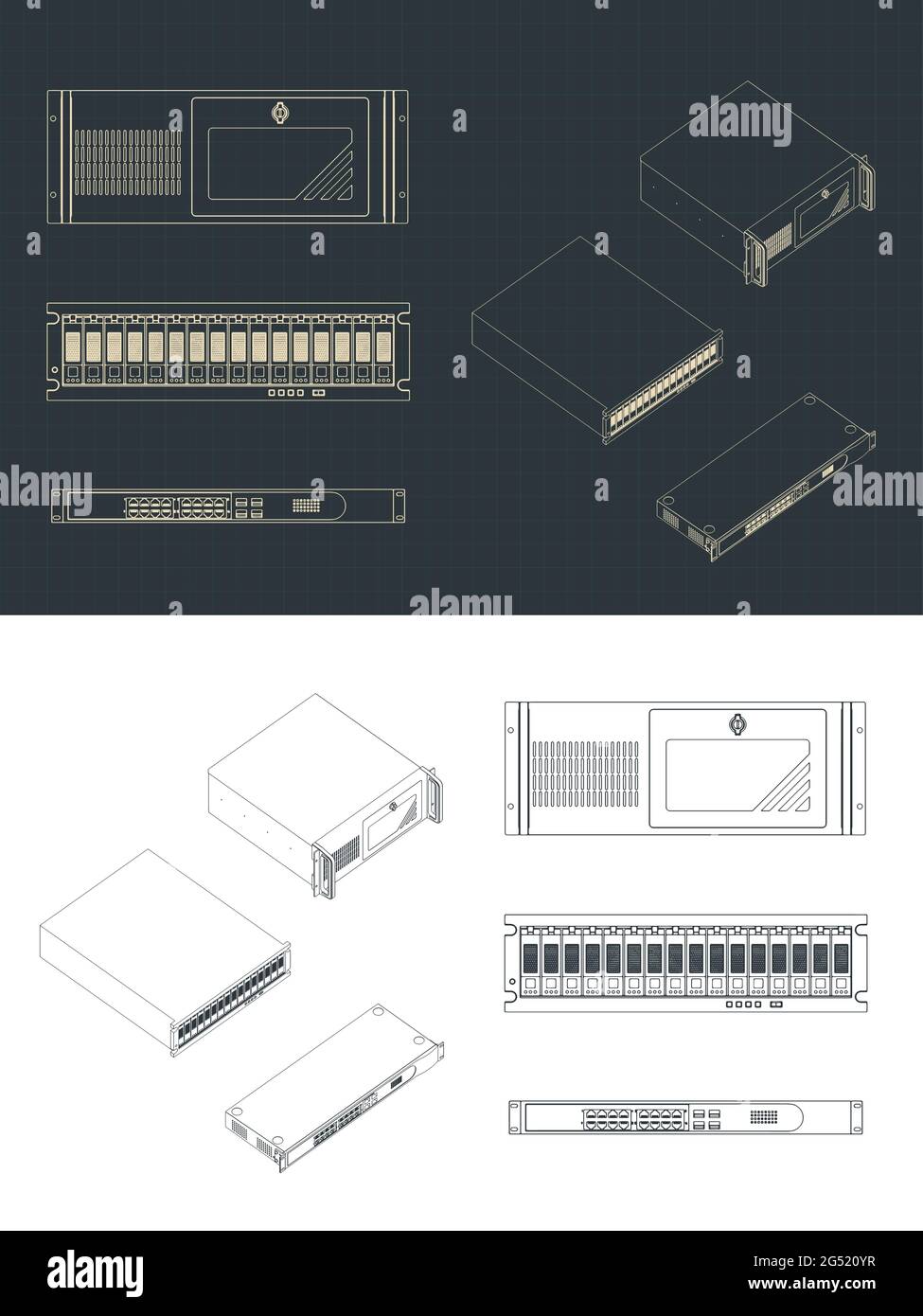 Stylized vector illustration of blueprints of units for server racks ...