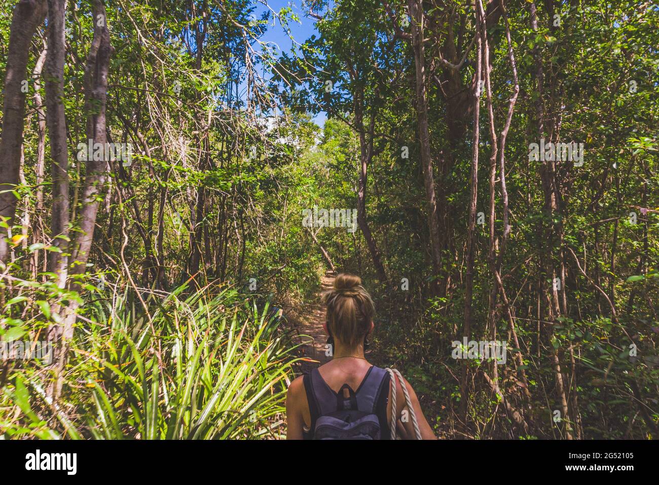 Woman walking through tropical forest path from behind Stock Photo - Alamy