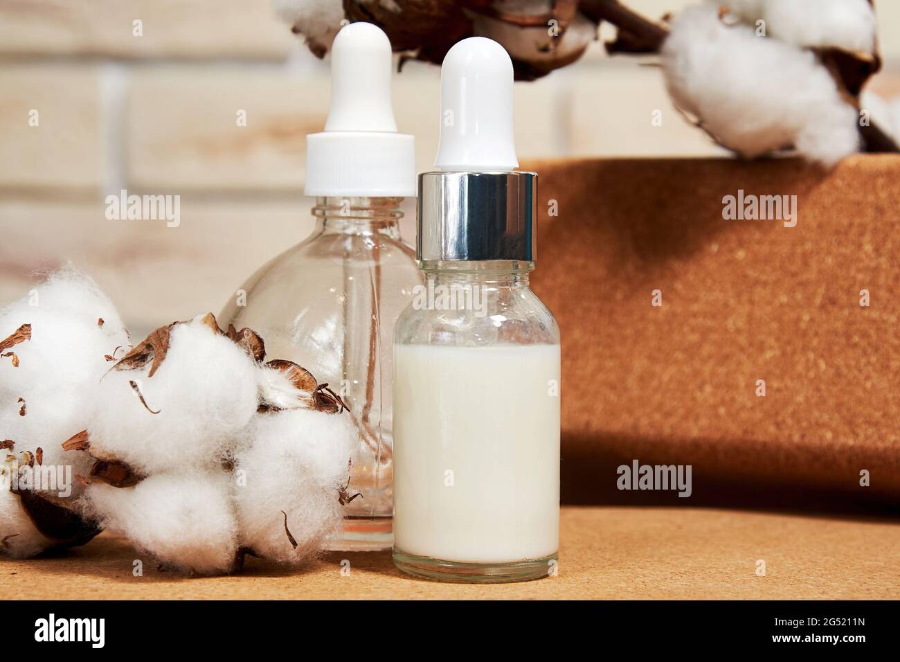 Shiny flask with white facial milk on the makeup desk with cotton twigs ...