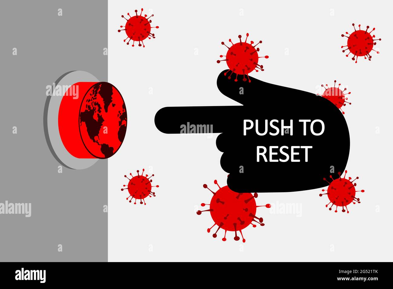 push to reset text on hand, red button with the world on it, surrounded ...
