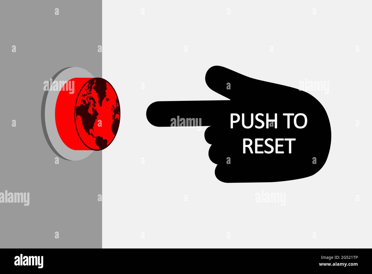 push to reset text on hand, red button with the world on it, the great ...