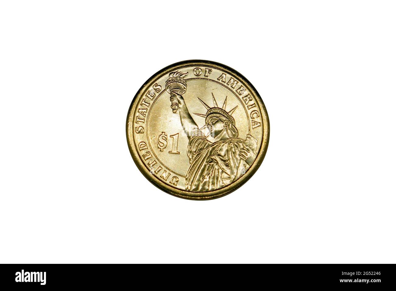 Golden one dollar coin with the image of the Statue of Liberty isolated ...