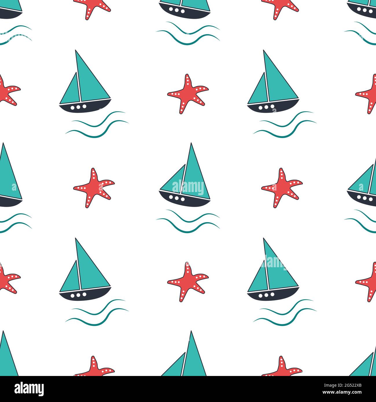 Summer nautical pattern with ships, waves and starfish on a white ...