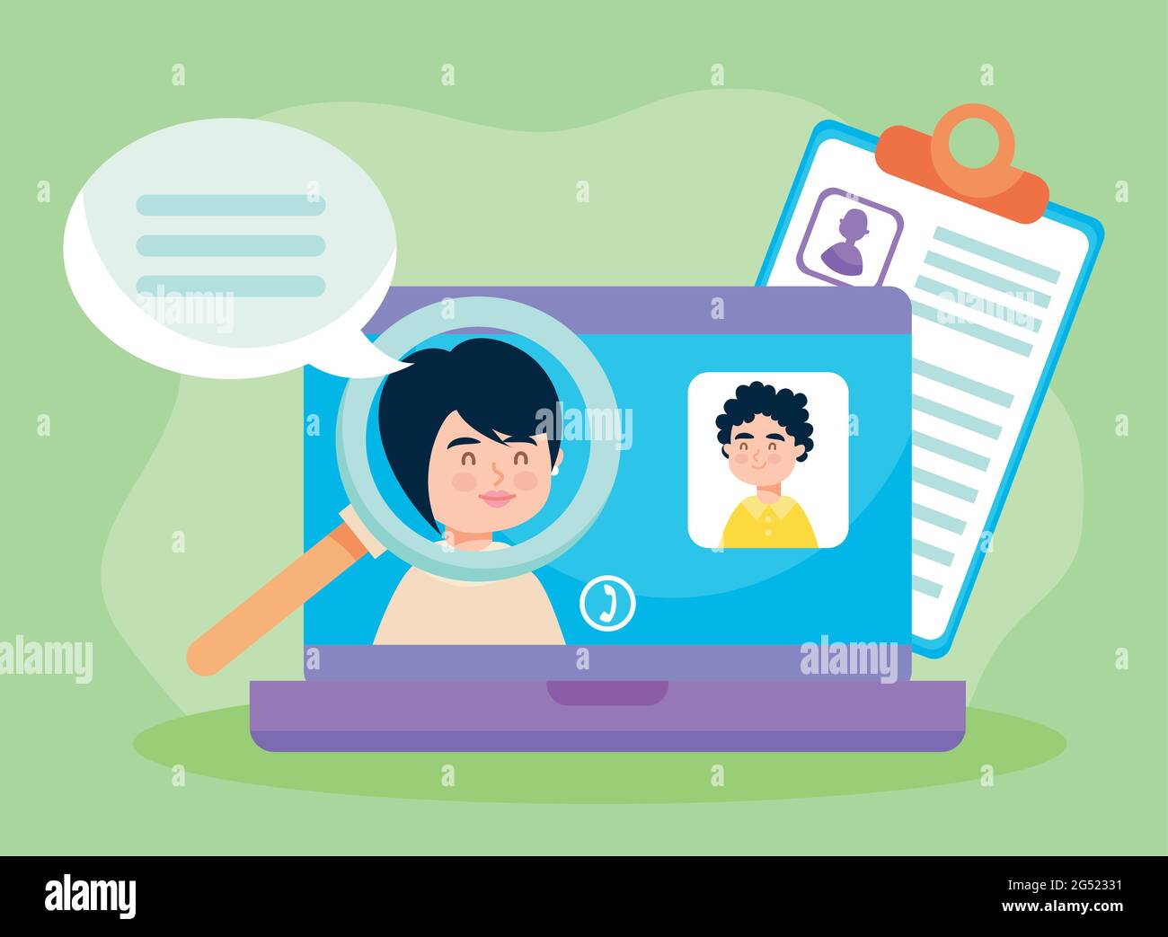 people in job interview in laptop with lupe and cv Stock Vector Image ...