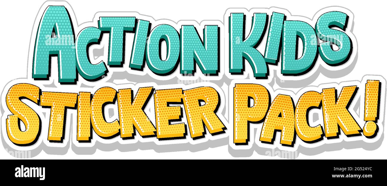 Font design with Action Kids Sticker Pack word illustration Stock ...