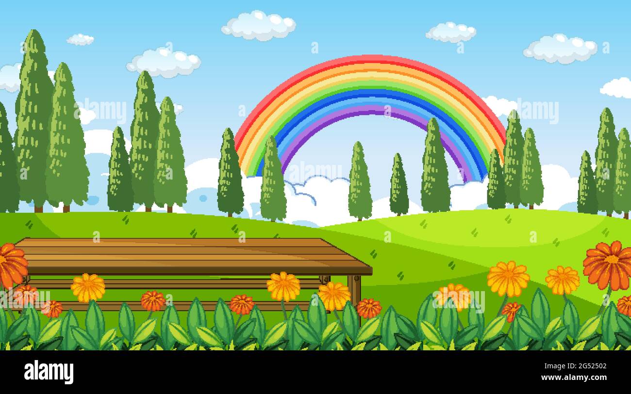 Nature park scene background with rainbow in the sky illustration Stock ...