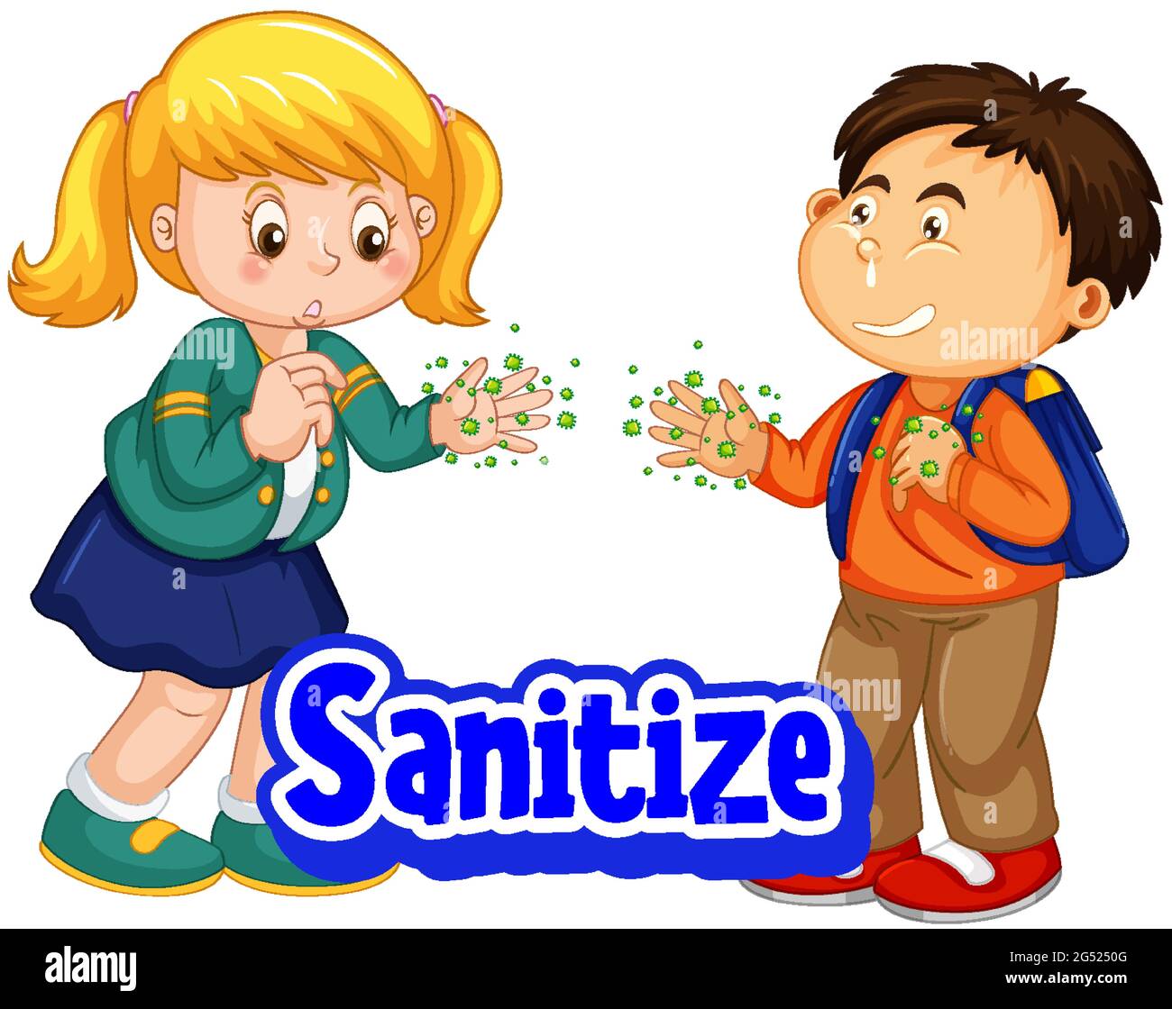 Sanitize font in cartoon style with two kids do not keep social ...