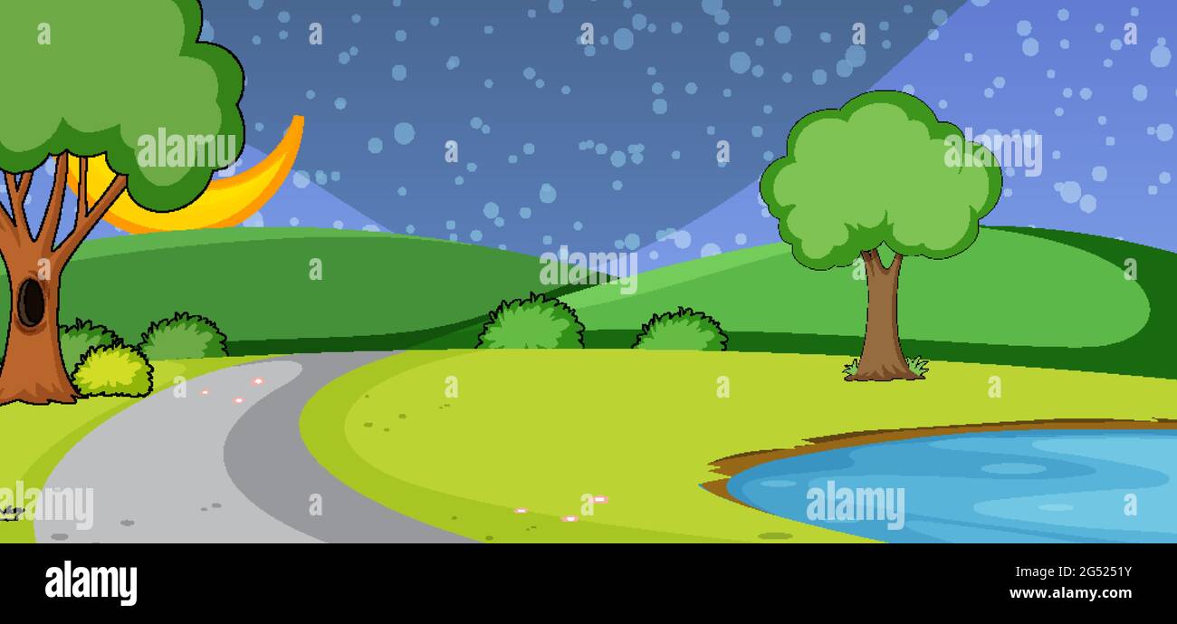 Empty park nature scene at night in simple style illustration Stock ...