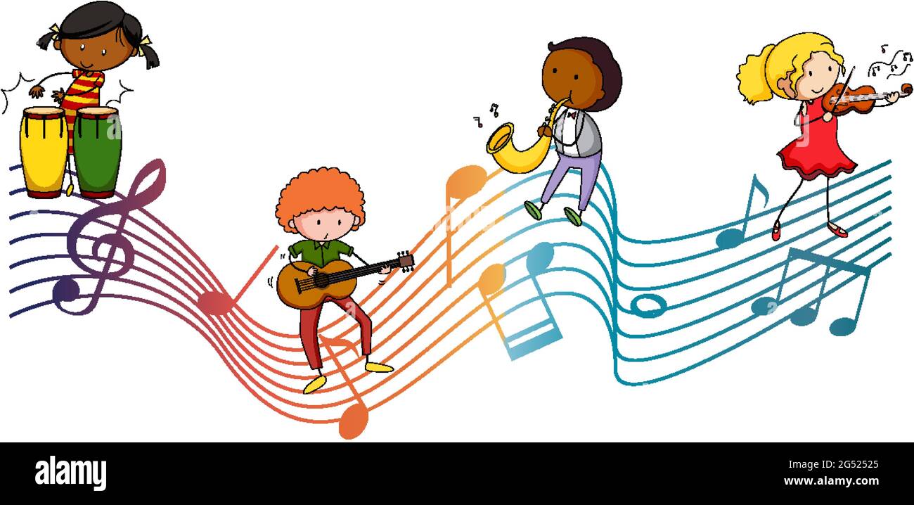 Musical melody symbols with many doodle kids cartoon character ...
