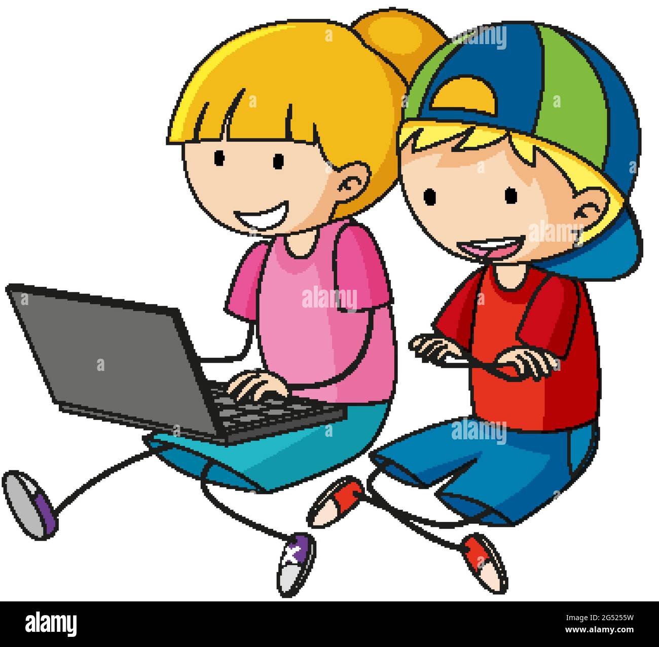 A doodle kids using laptop cartoon character isolated illustration ...