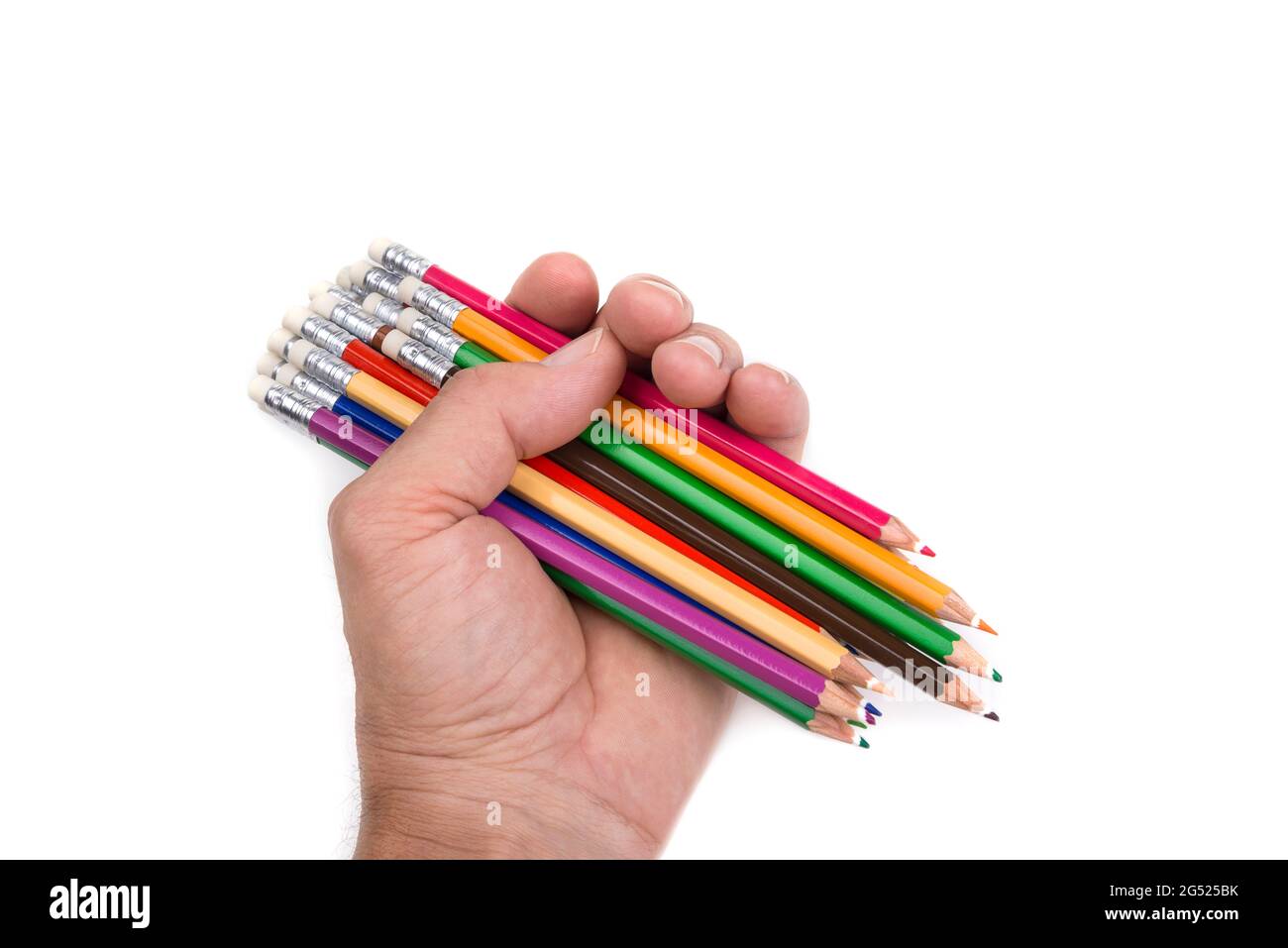 Hand holding stack of wooden colored pencils Stock Photo - Alamy