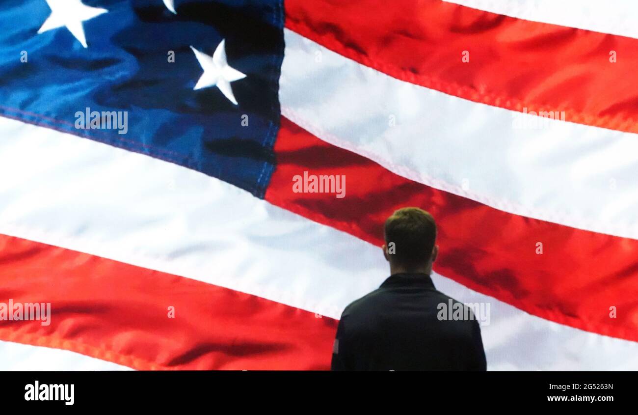 An athlete stands for the National Anthem before Day 1 of the Men's U.S ...
