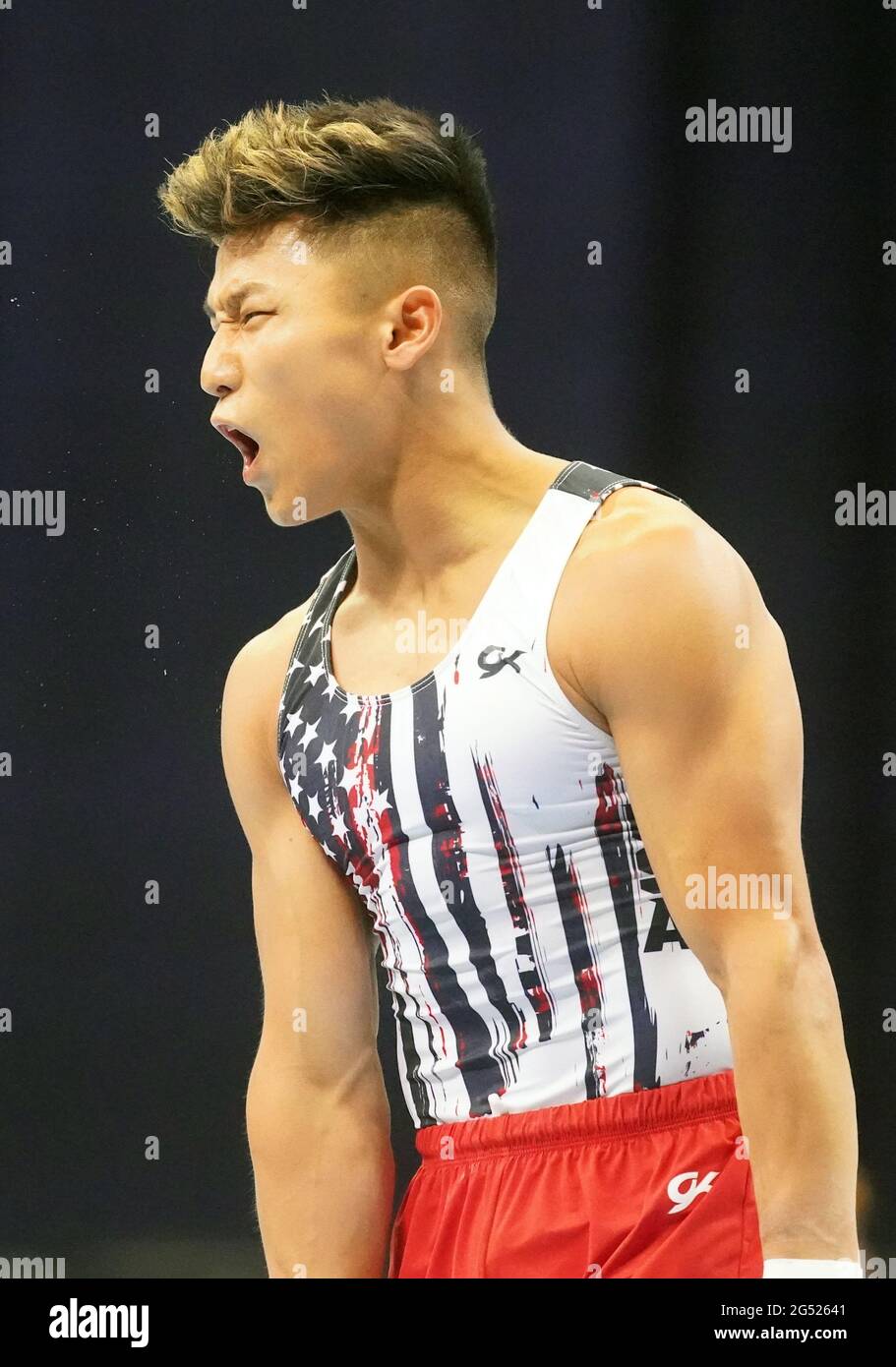 Yul Moldauer of 5280 Gymnastics, yells out after completing his floor ...