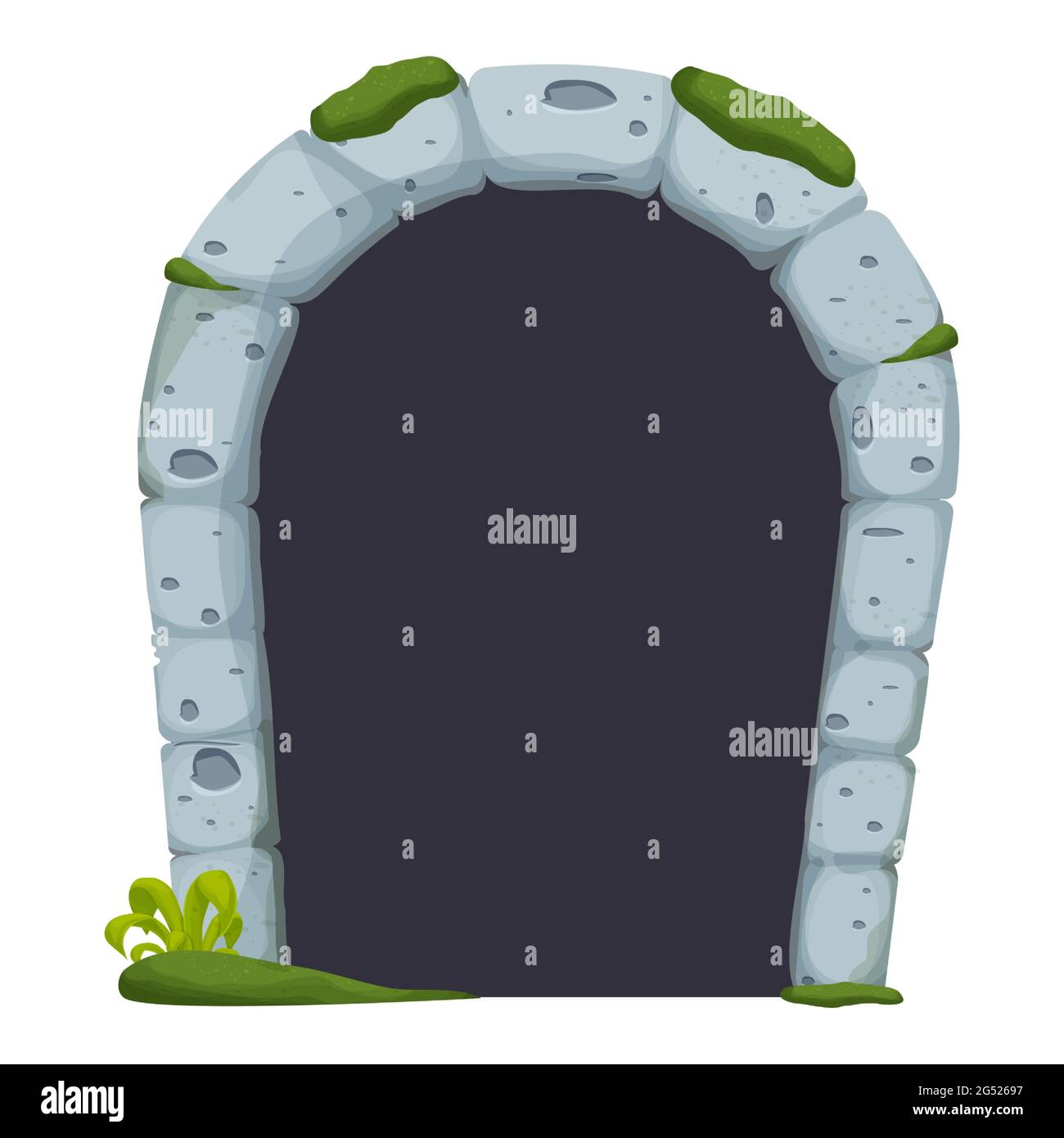 Stone castle arch door, ruined with moss, grass comic in cartoon style ...