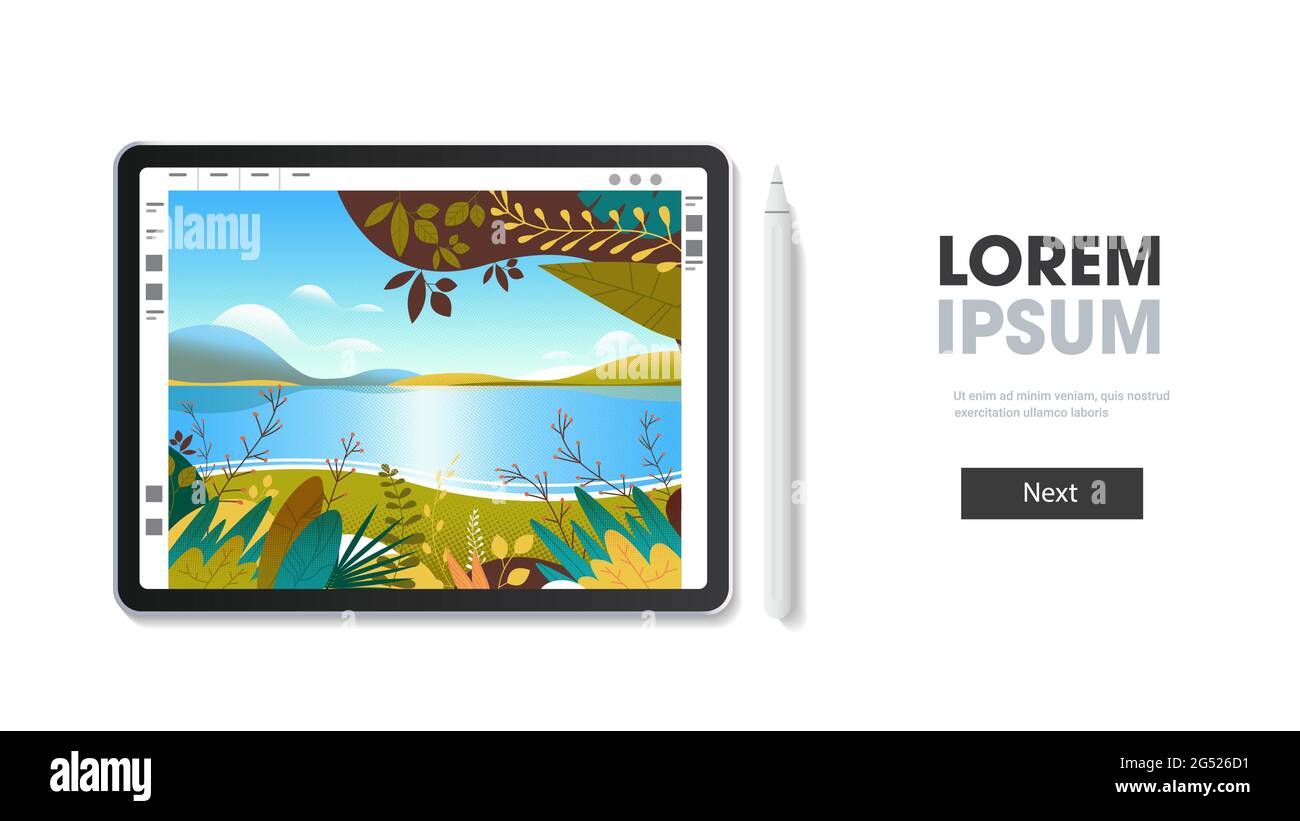 graphic tablet with beautiful landscape wallpaper on screen isolated on ...