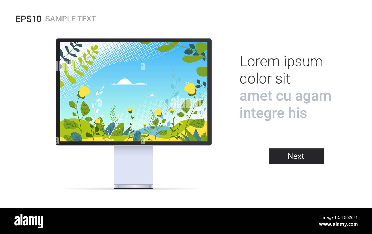 monitor with beautiful landscape wallpaper on screen isolated on white ...