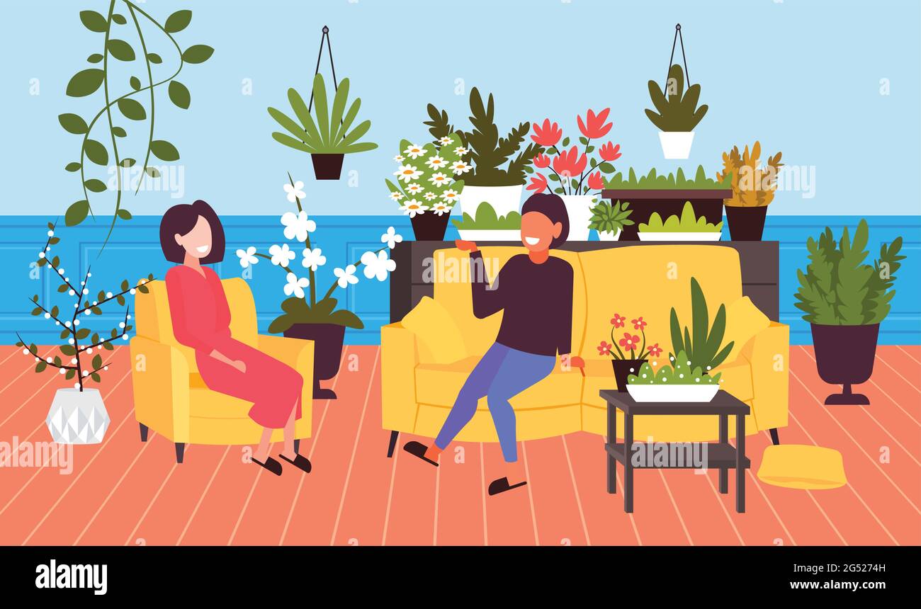 girls discussing during meeting women relaxing in modern living room ...