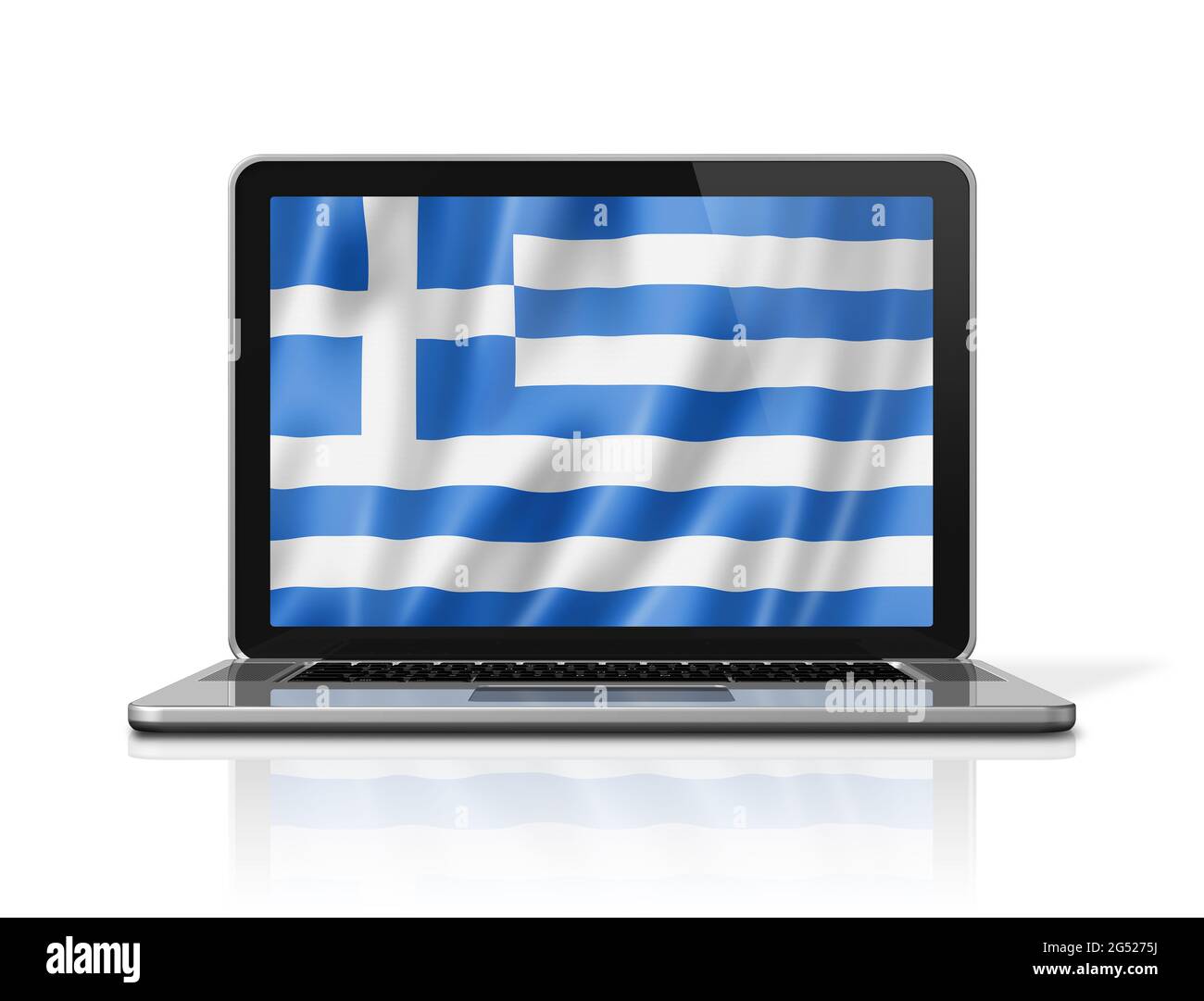 Greece flag on laptop screen isolated on white. 3D illustration render ...