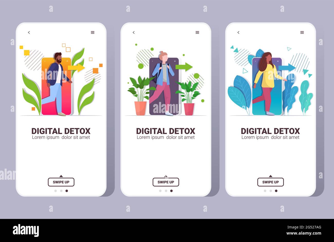 set people coming out of cellphone digital detox concept characters ...