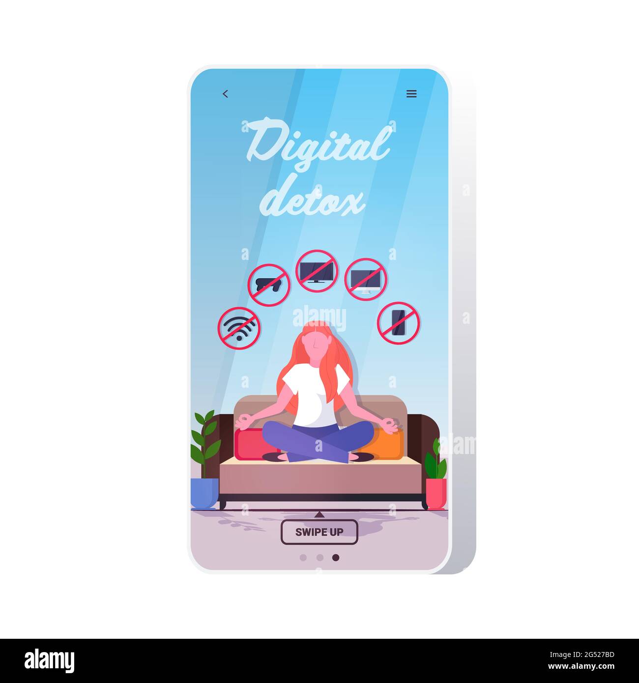 woman sitting lotus pose gadgets in red prohibition signs digital detox ...