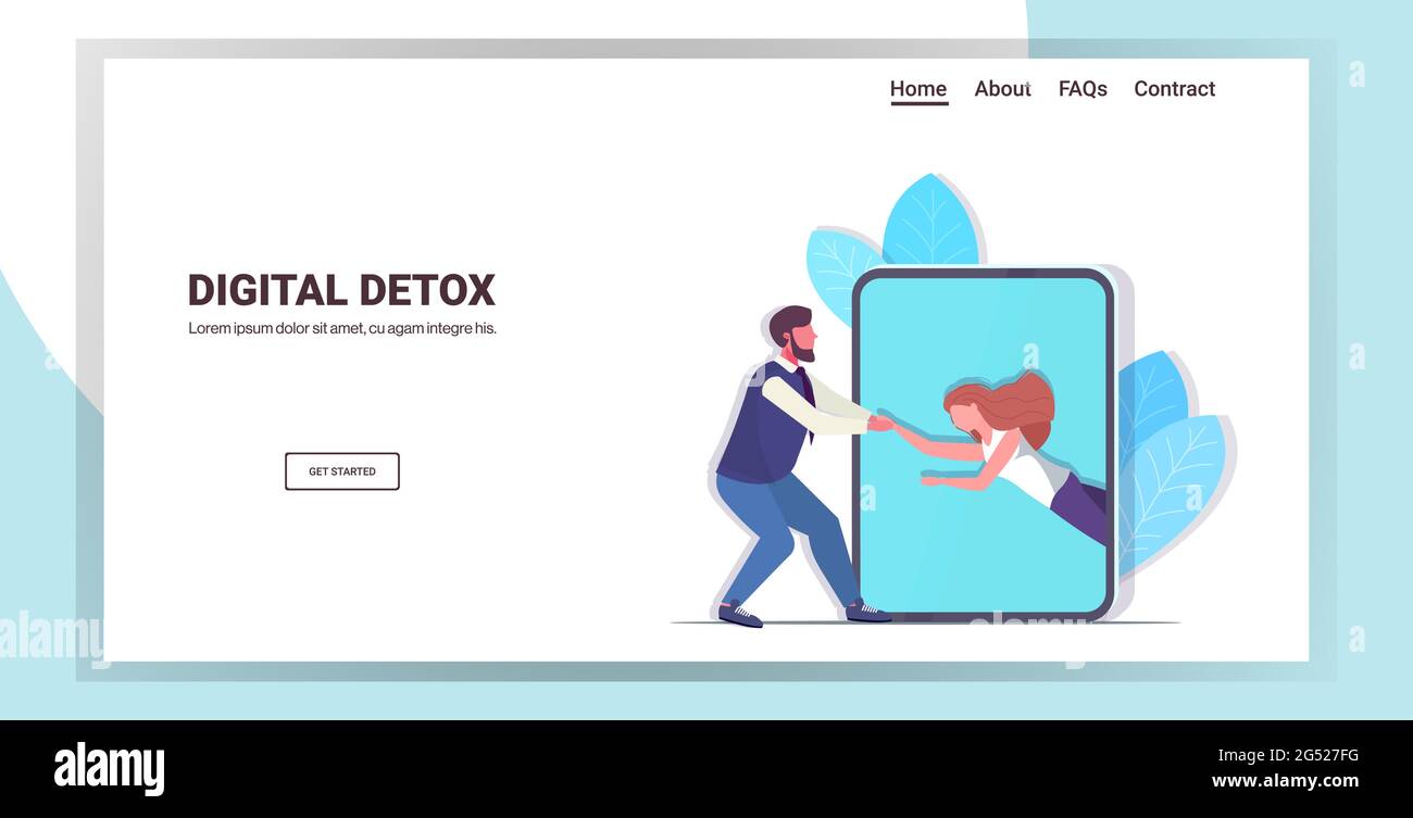 man pulling out woman from smartphone screen digital detox gadget ...