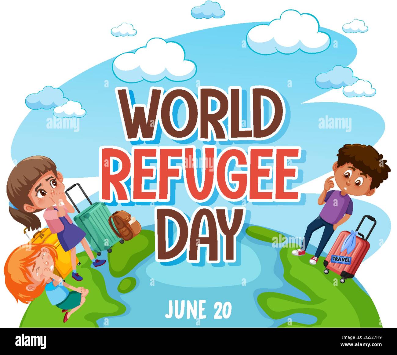 World Refugee Day banner with refugee people on globe illustration ...