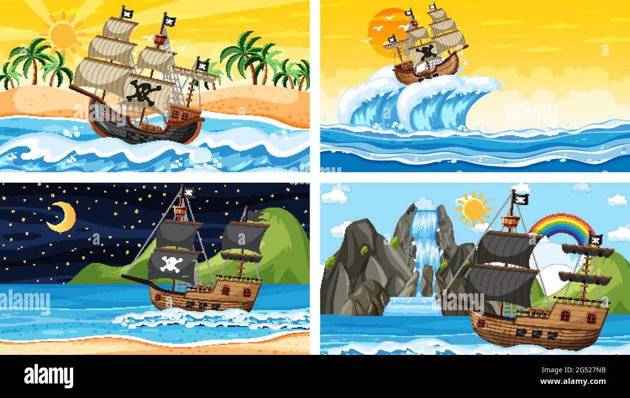 Set of ocean scenes at different times with Pirate ship in cartoon ...