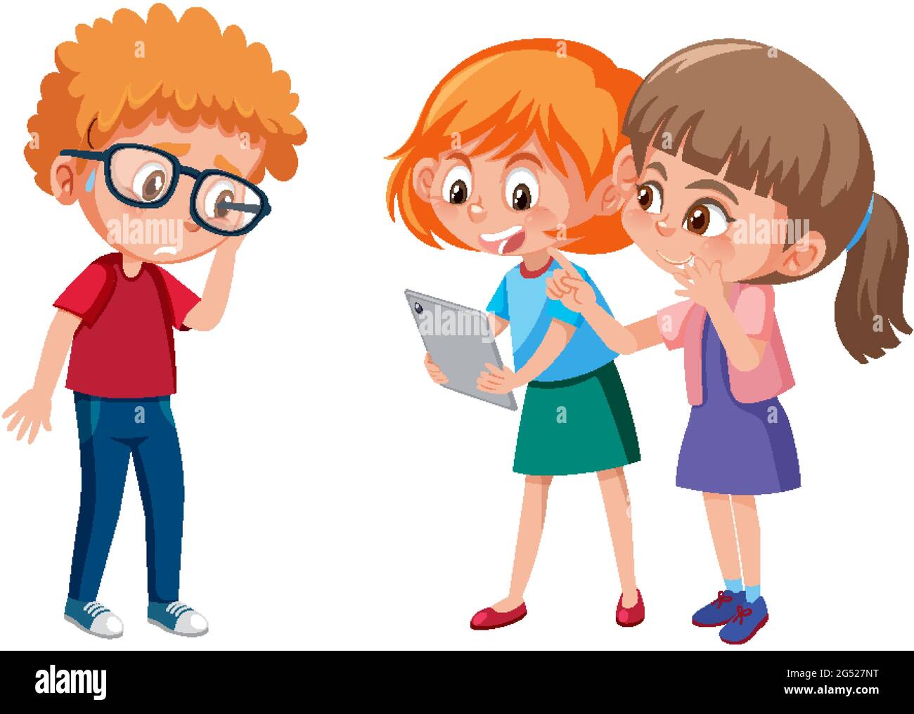 A boy with disappointed face because two girls bullying him ...