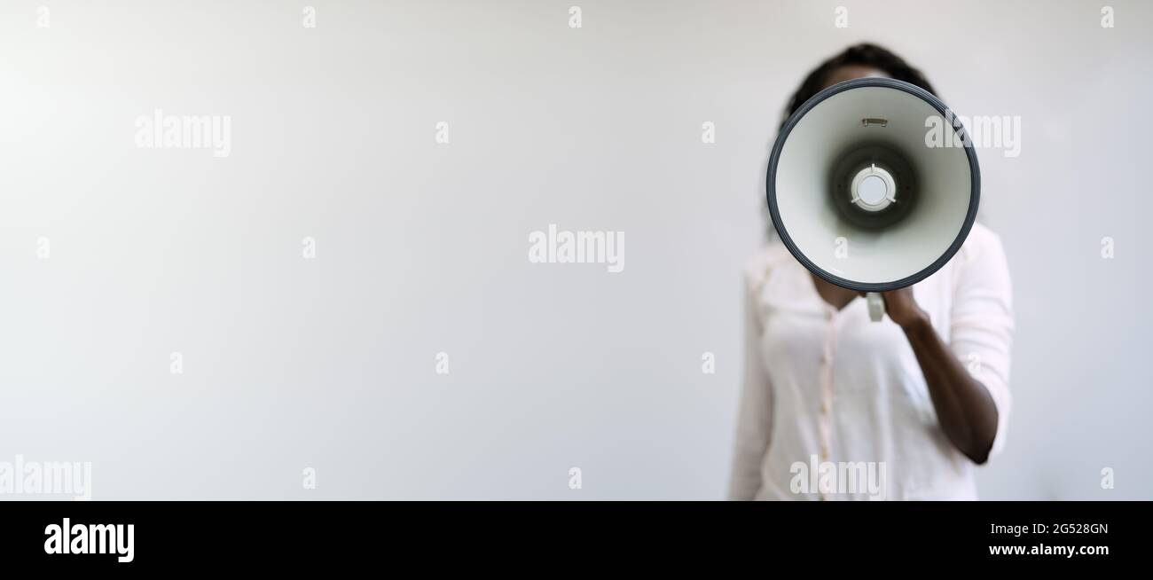 Loud Announcement Woman Speaker Shouting In Megaphone Stock Photo - Alamy