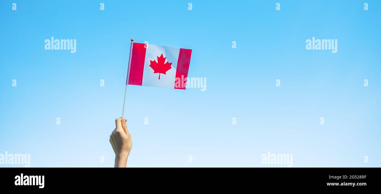 hand holding Canada flag on blue sky background. Canada Day and happy ...