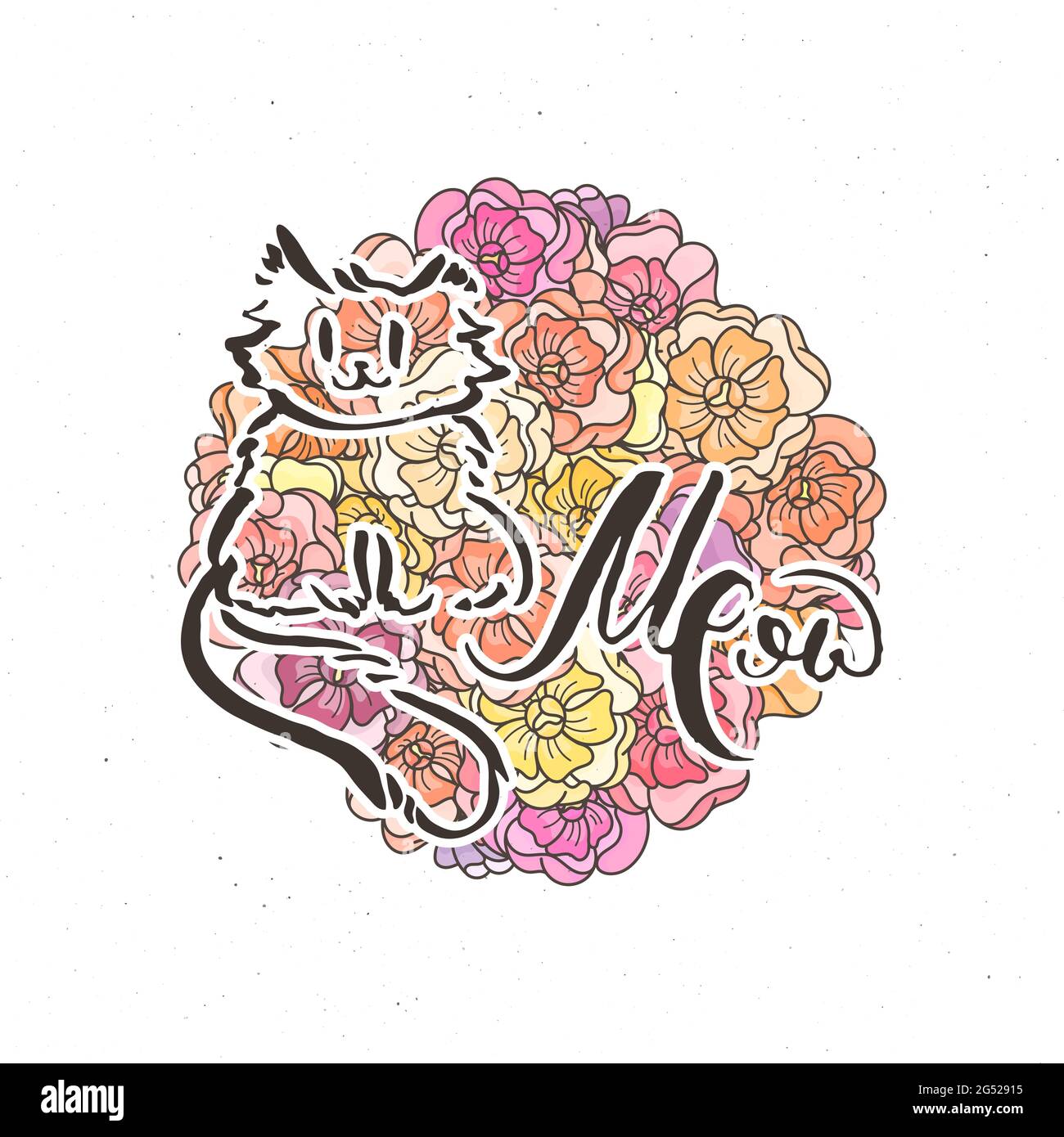 Meow. Hand lettering grunge card with flower background. Handcrafted ...