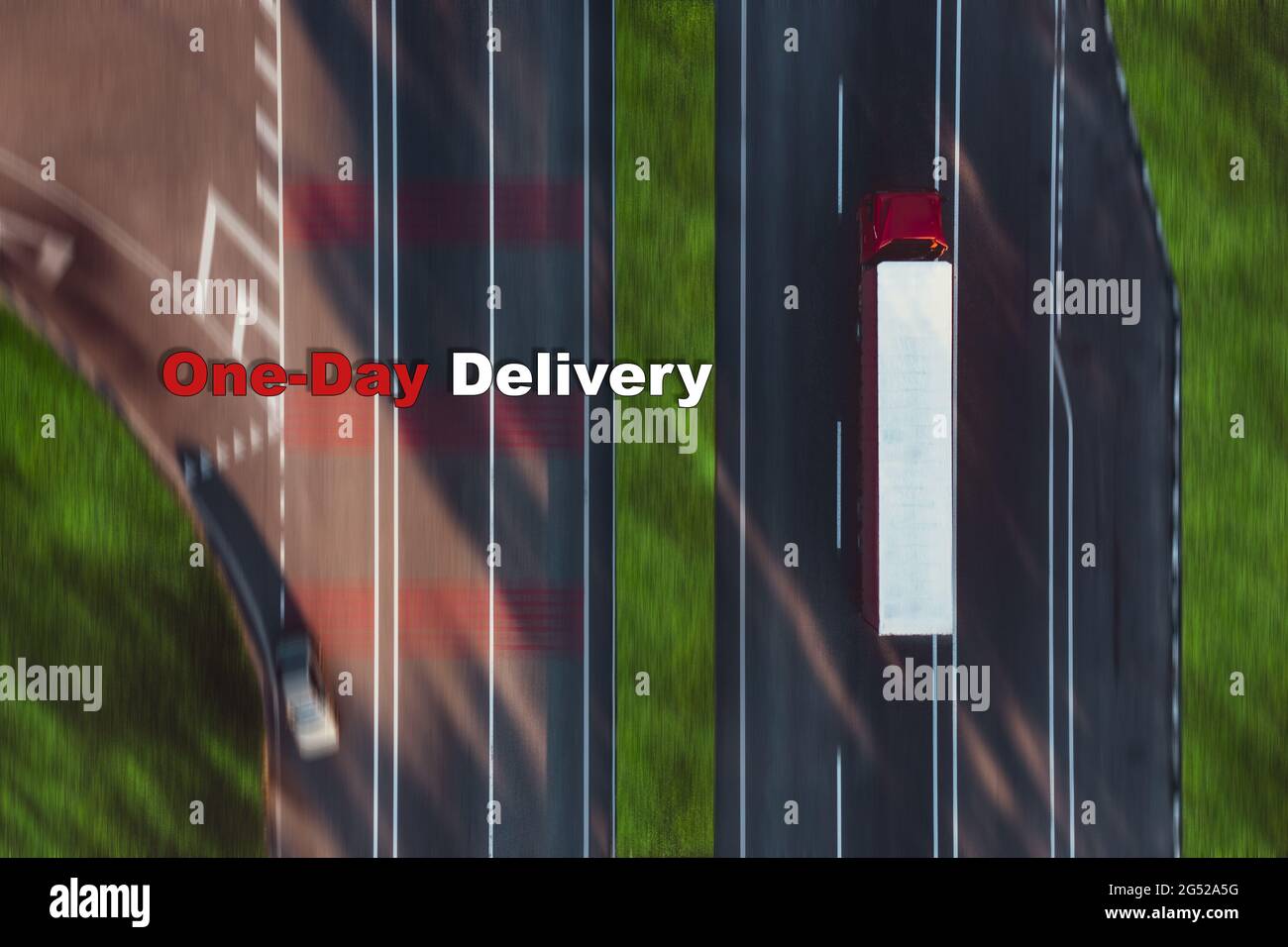 White Truck with red Cab on the road is an overhead shot. One Day ...