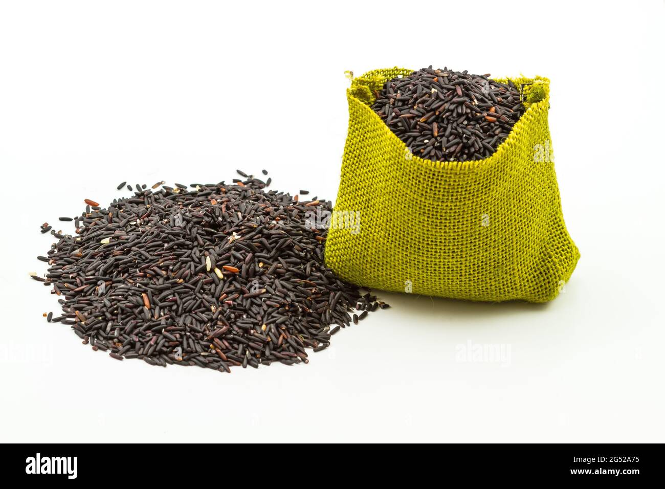 Rice berry in green sisal sack on white background Stock Photo - Alamy