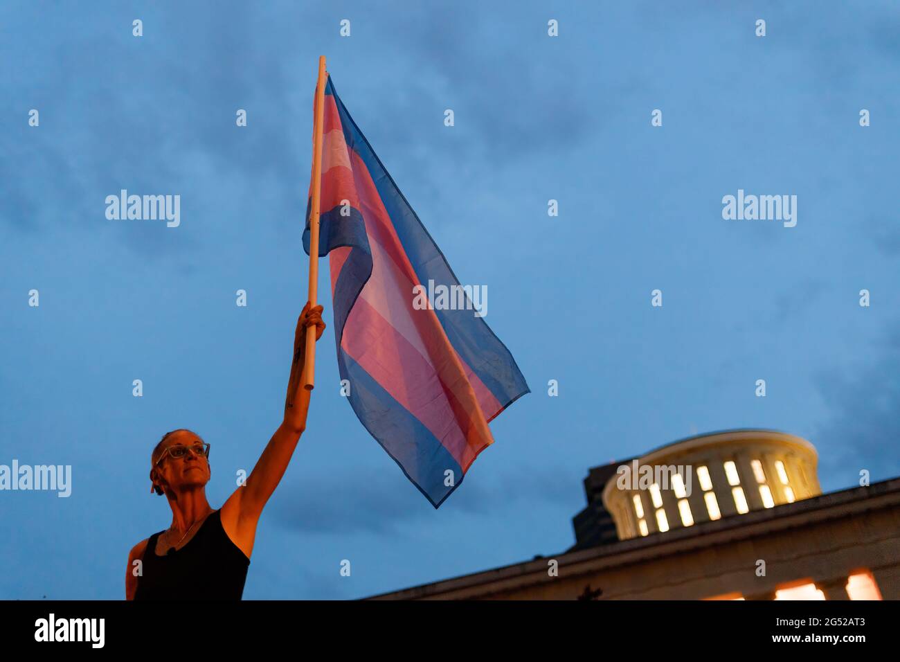 Columbus, USA. June 24 2021: Cole Ramsey, 39, of South Linden holds a ...