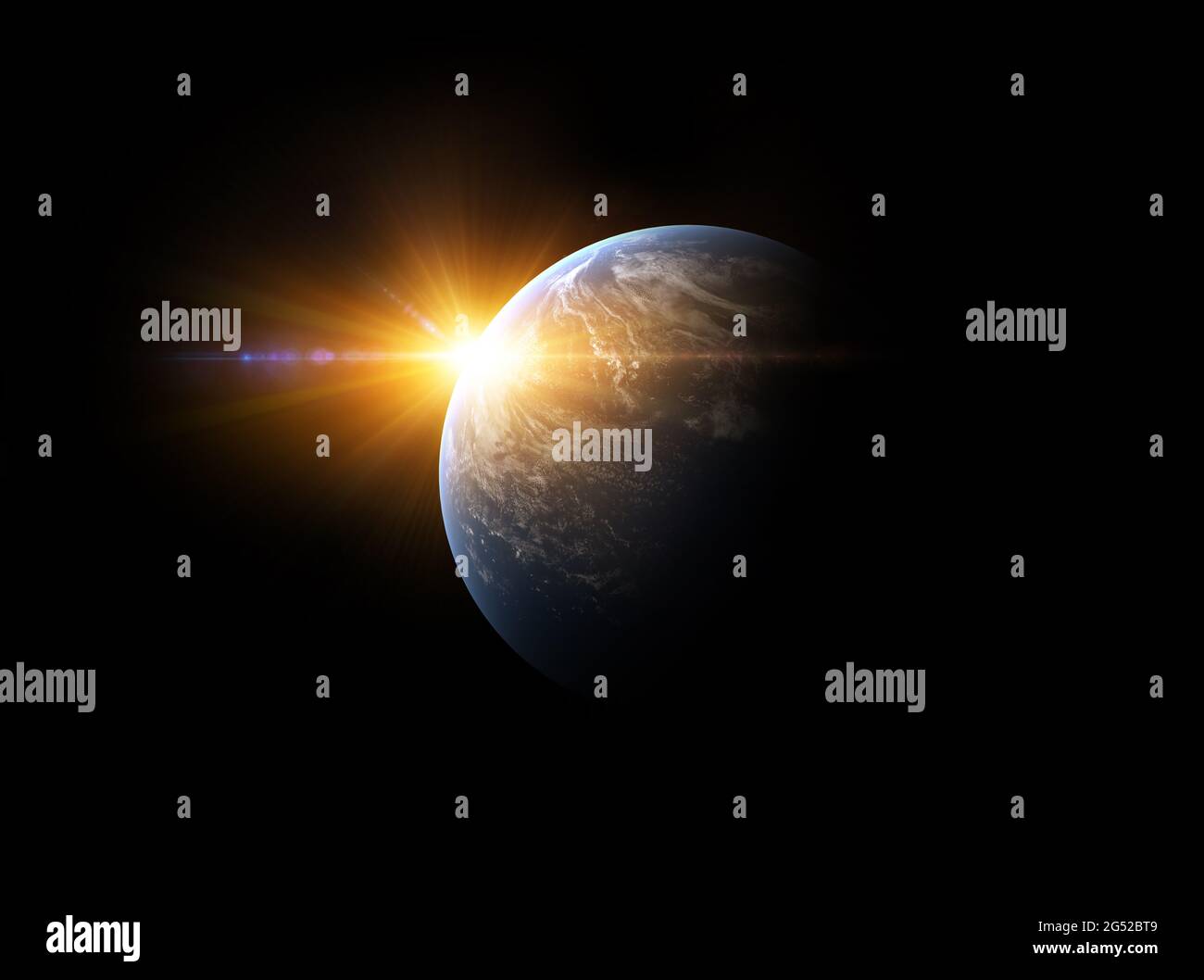 Planet isolated on a black background, sun rising with glow light ...