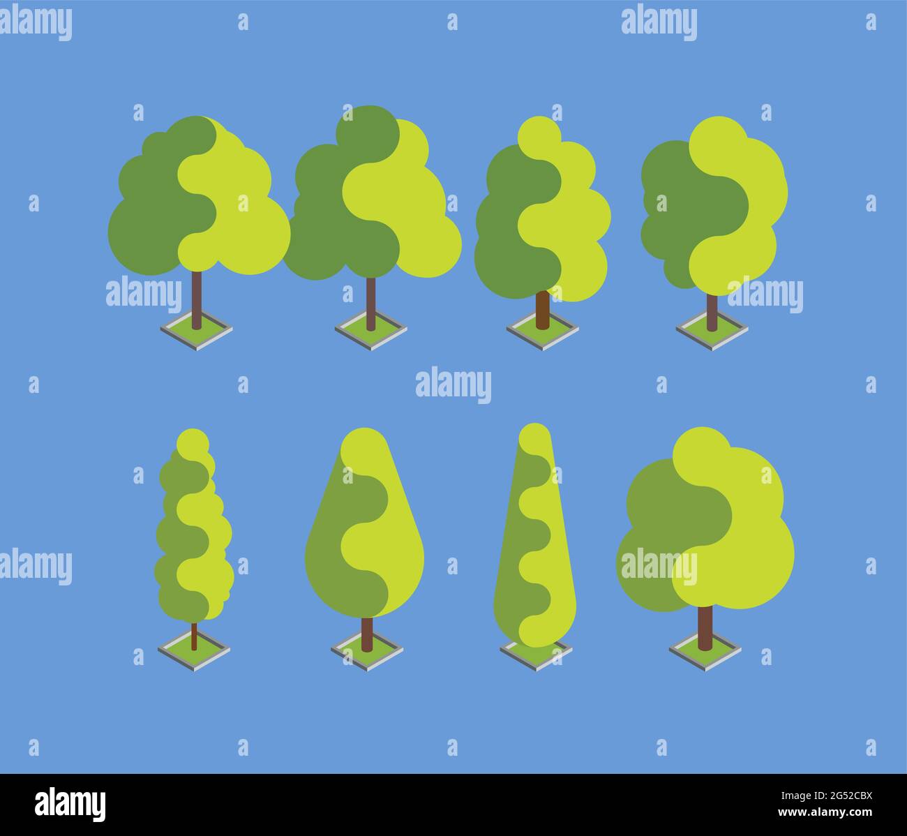 Flat green isometric tree set. Flat design vector illustration. EPS 10 ...