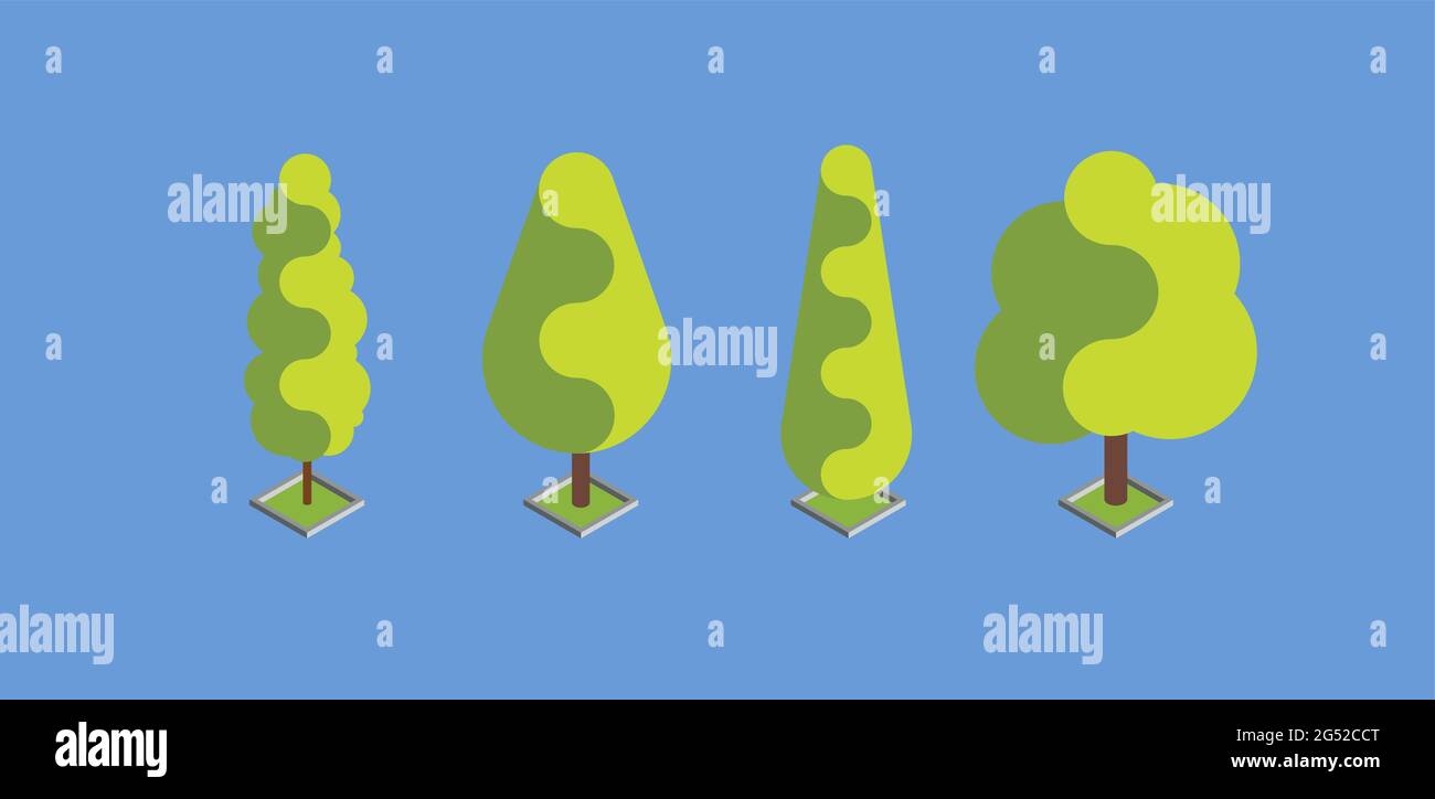 Flat green isometric tree set. Flat design vector illustration. EPS 10 ...