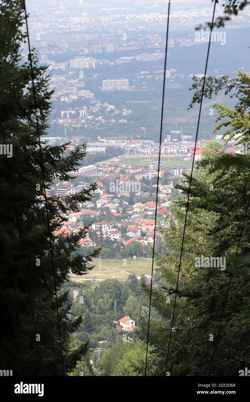 Aerial view from above of Sofia suburbs, cityscape of Sofia the capital of Bulgaria. Industrial ...
